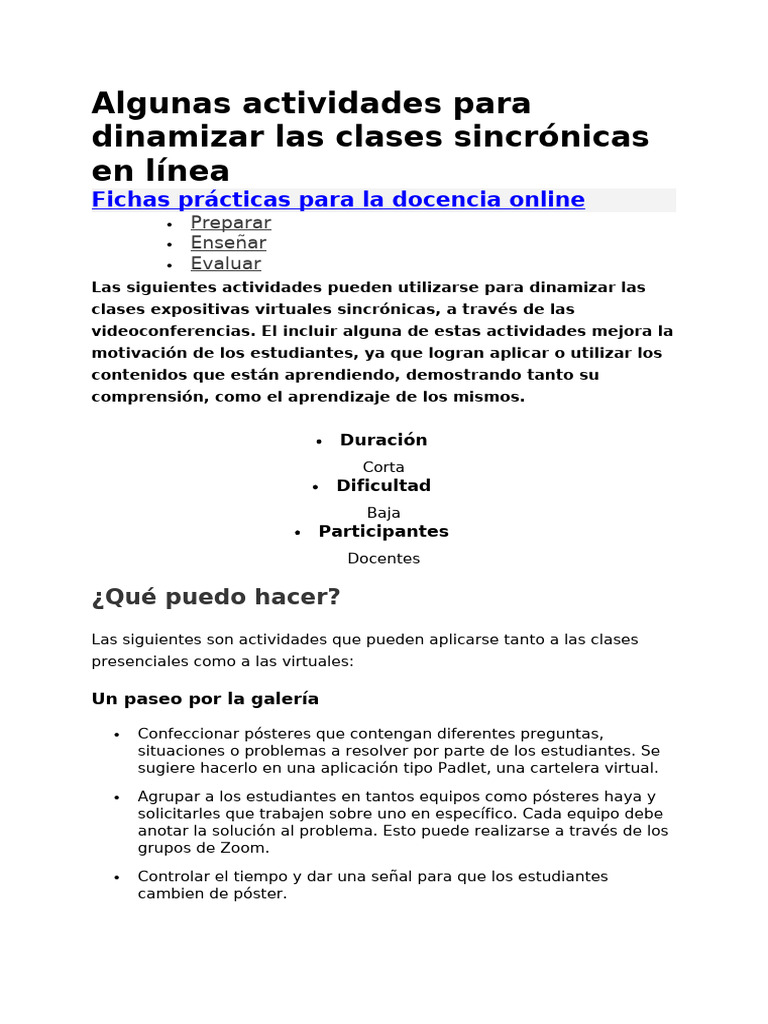 Algunas actividades para dinamizar las clases sincrónicas en línea | PDF | Enseñando | Aprendizaje
