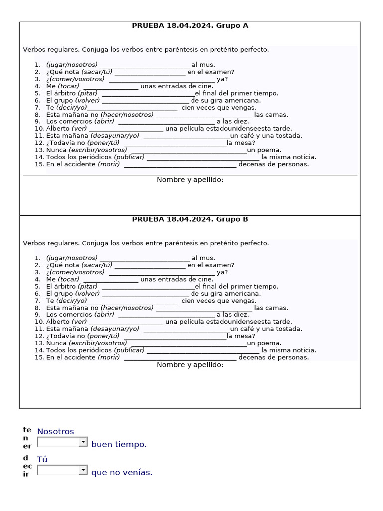 PRUEBA Preterito Perfecto - Clase 10. 18.04.2024. | PDF
