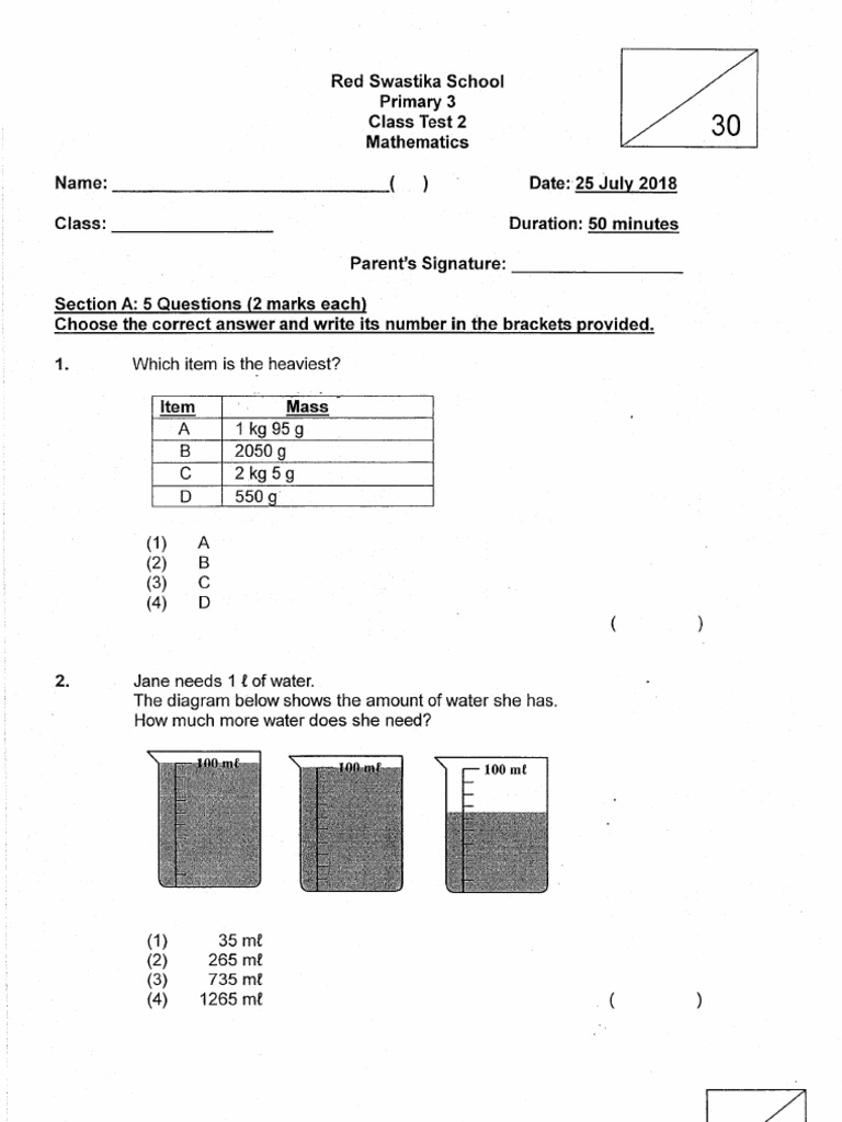 P3 Maths CA2 2018 Red Swastika Exam Papers | PDF