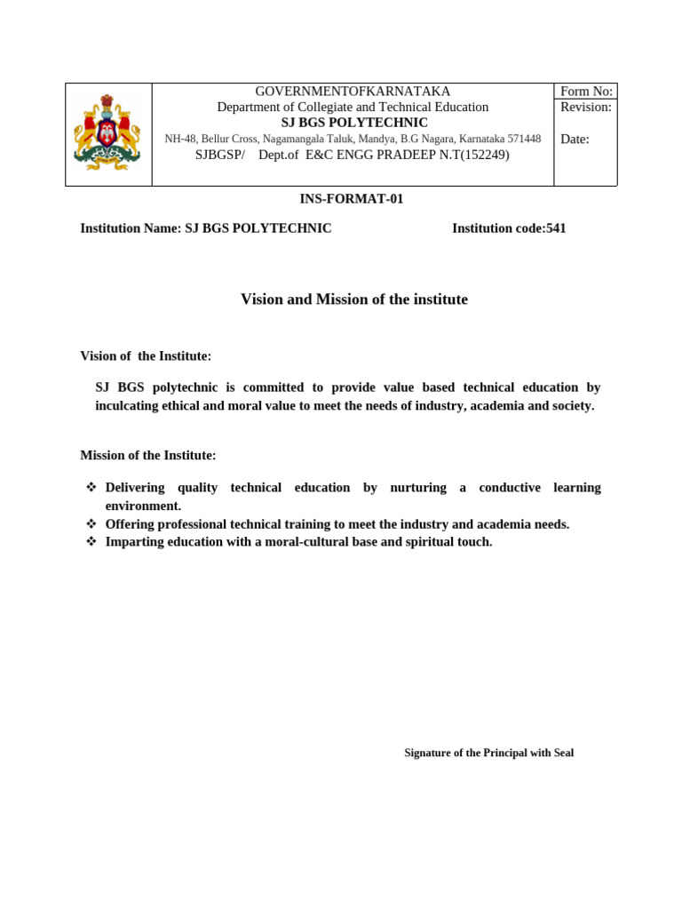 SJ BGS Polytechnic Vision and Mission | PDF