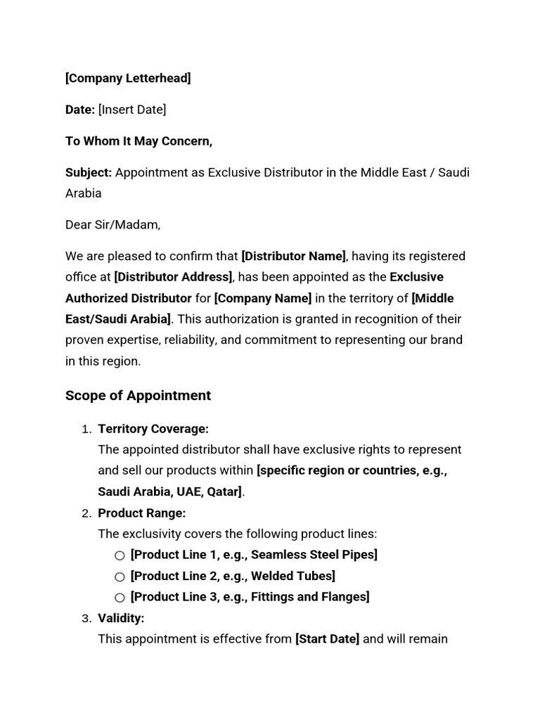 Exclusive Distributor Letter | PDF | Saudi Arabia | Arabian Peninsula