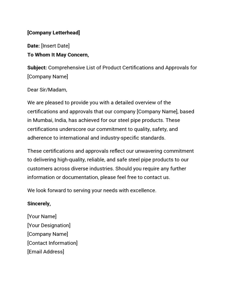 Product Certifications Overview Letter | PDF