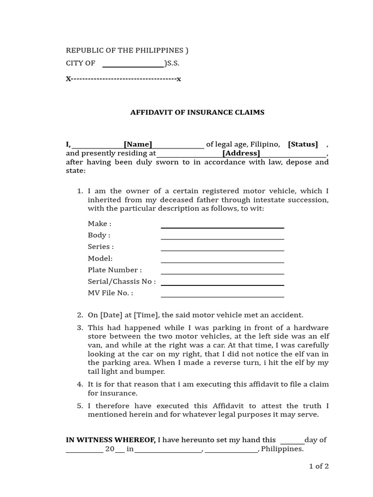 Insurance Claims, Affidavit of | PDF | Affidavit | Evidence
