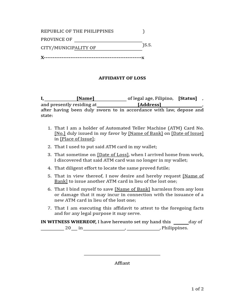 Loss of ATM Card, Affidavit of | PDF