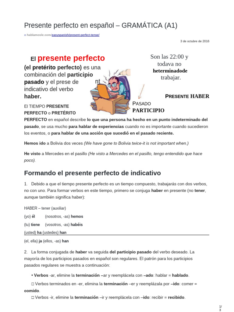 Gramática Del Pretérito Perfecto Español A1 | PDF | Verbo | Tipología ...