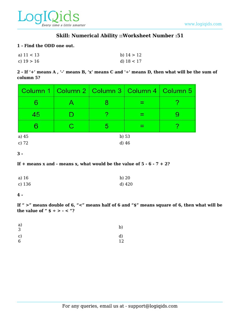Skill: Numerical Ability::Worksheet Number:51: A) 11 12 C) 19 16 D) 18 ...