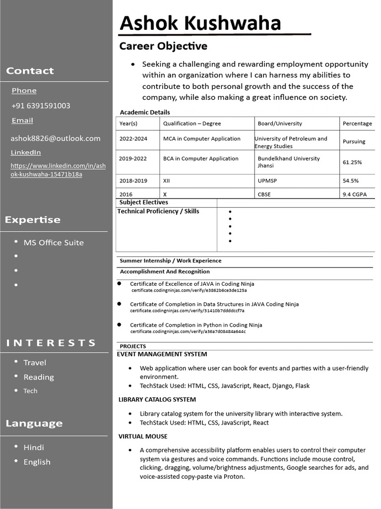 Ashok_cv_2024_fresher | PDF | Java (Programming Language) | Microsoft Excel