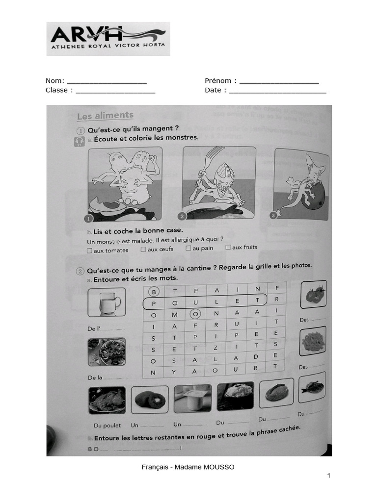 Exercices sur les Aliments FLE | PDF