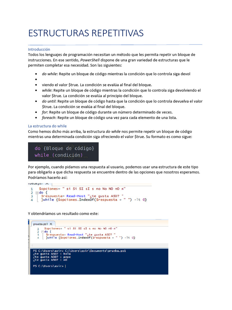 Estructuras Repetitivas en PowerShell | PDF | Programación de computadoras | Ingeniería de software