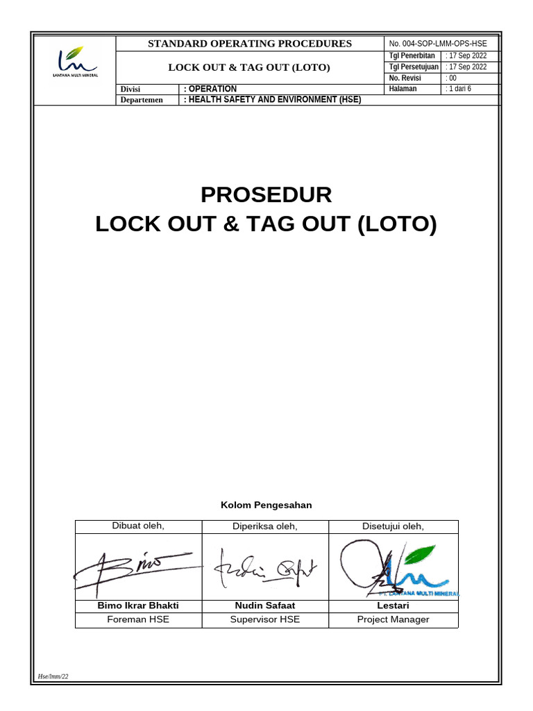 004-SOP-LMM-OPS-HSE - Lock Out and Tag Out (LOTO) | PDF