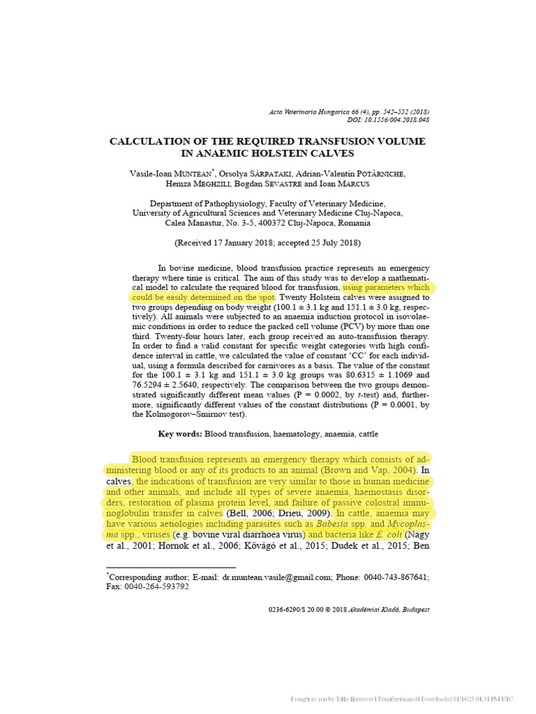 Calculation of The Required Transfusion Volume in Anaemic Holstein ...