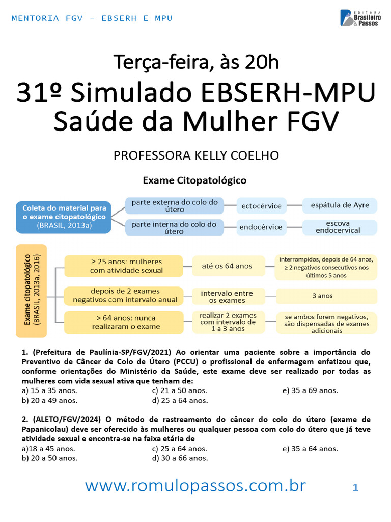 31º Simulado EBSERH-MPU - Saúde Da Mulher (109 Questões FGV) | PDF | Anticoncepcionais | Câncer ...