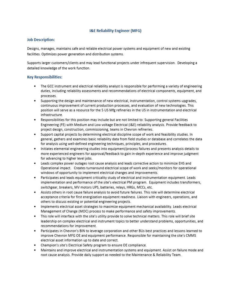 I&E Reliability Engineer Job Overview | PDF | Reliability Engineering | Engineering