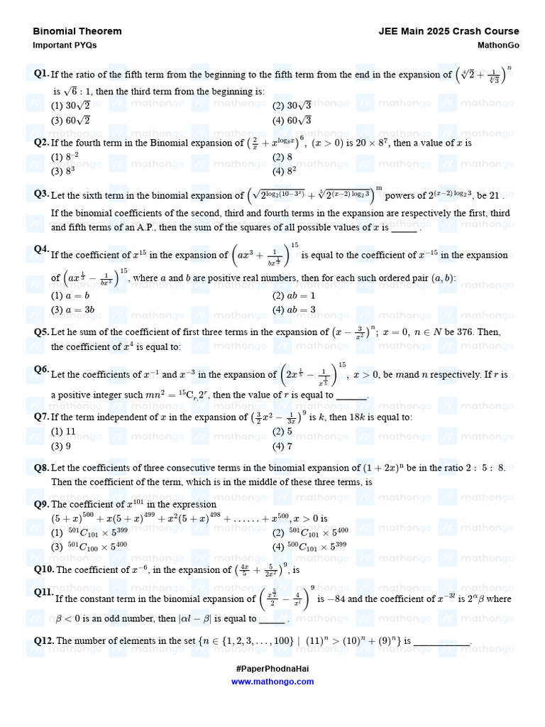 Important PYQs - Binomial Theorem | PDF | Mathematics Of Computing | Numerical Analysis