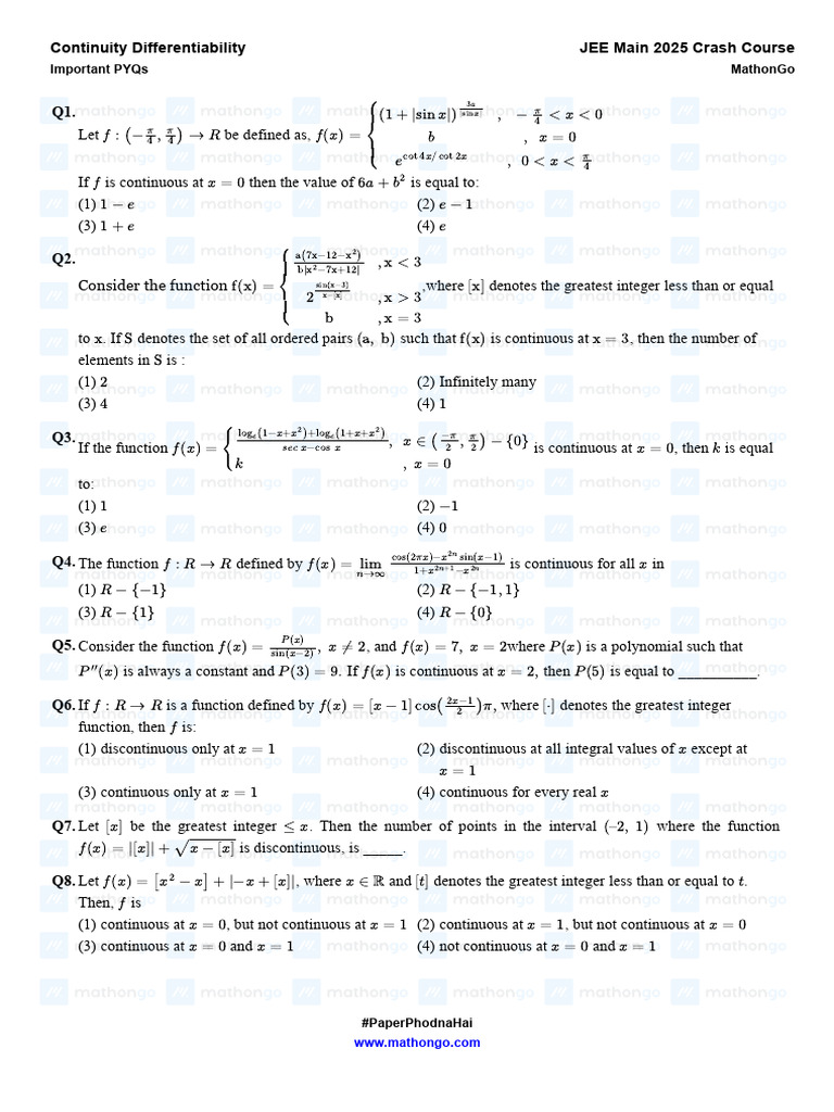 Important PYQs - Continuity Differentiability | PDF | Function (Mathematics) | Mathematical ...