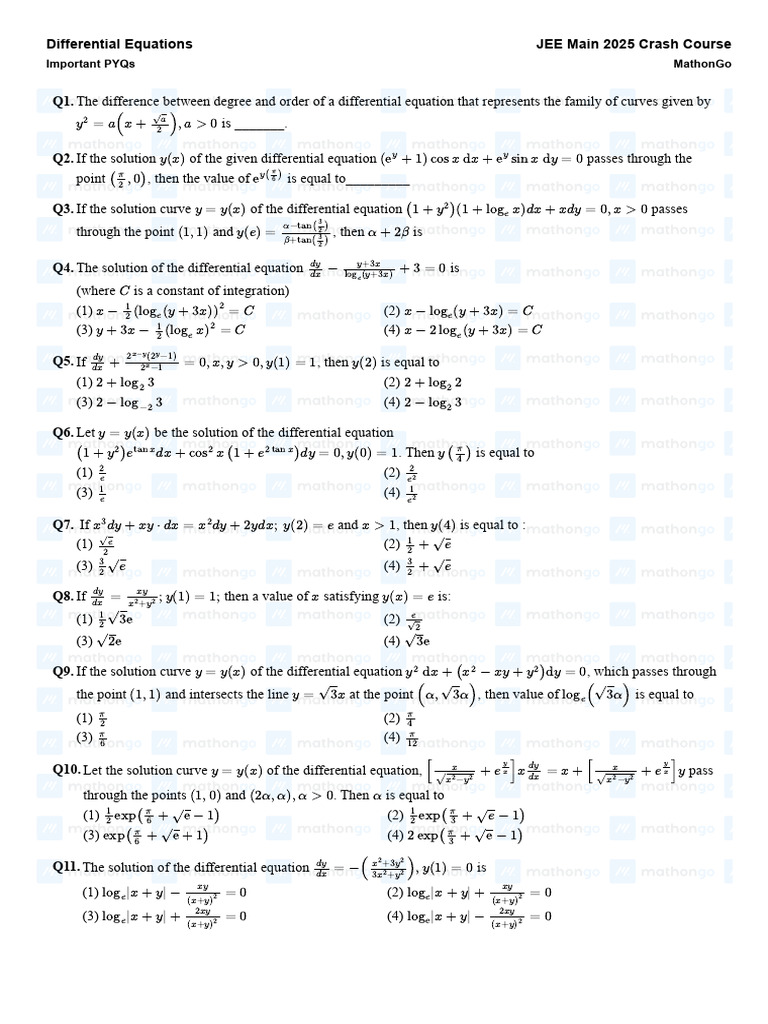 Important PYQs - Differential Equation | PDF | Mathematical Concepts | Equations