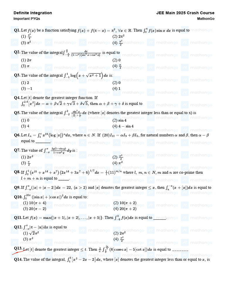 Important PYQs - Definite Integration | PDF | Function (Mathematics) | Functions And Mappings