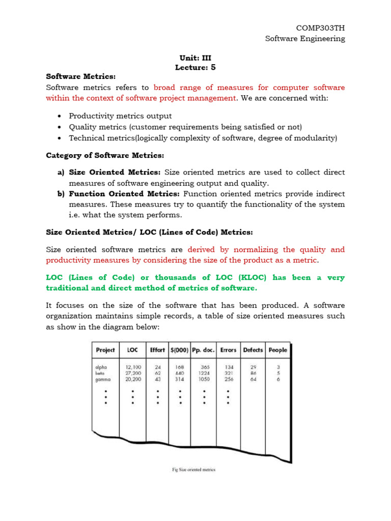 Unit III Lecture 5 Size Metrics LOC | PDF | Software | Software Development