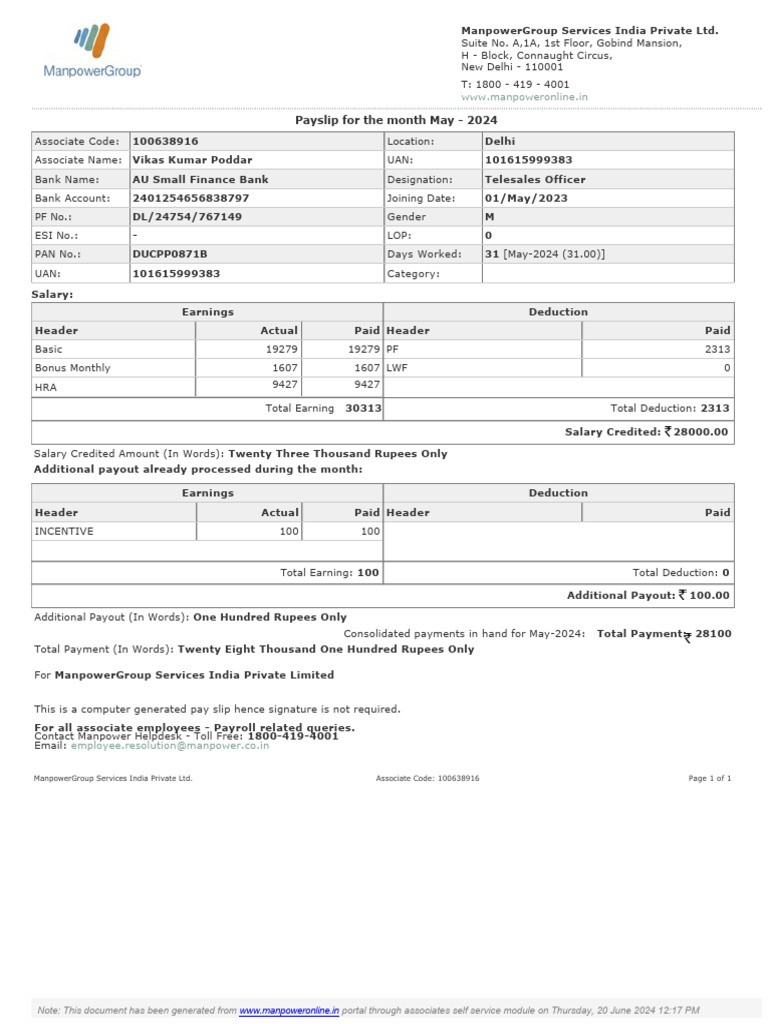 Payslip-May-2024 | PDF | Paycheck | Salary