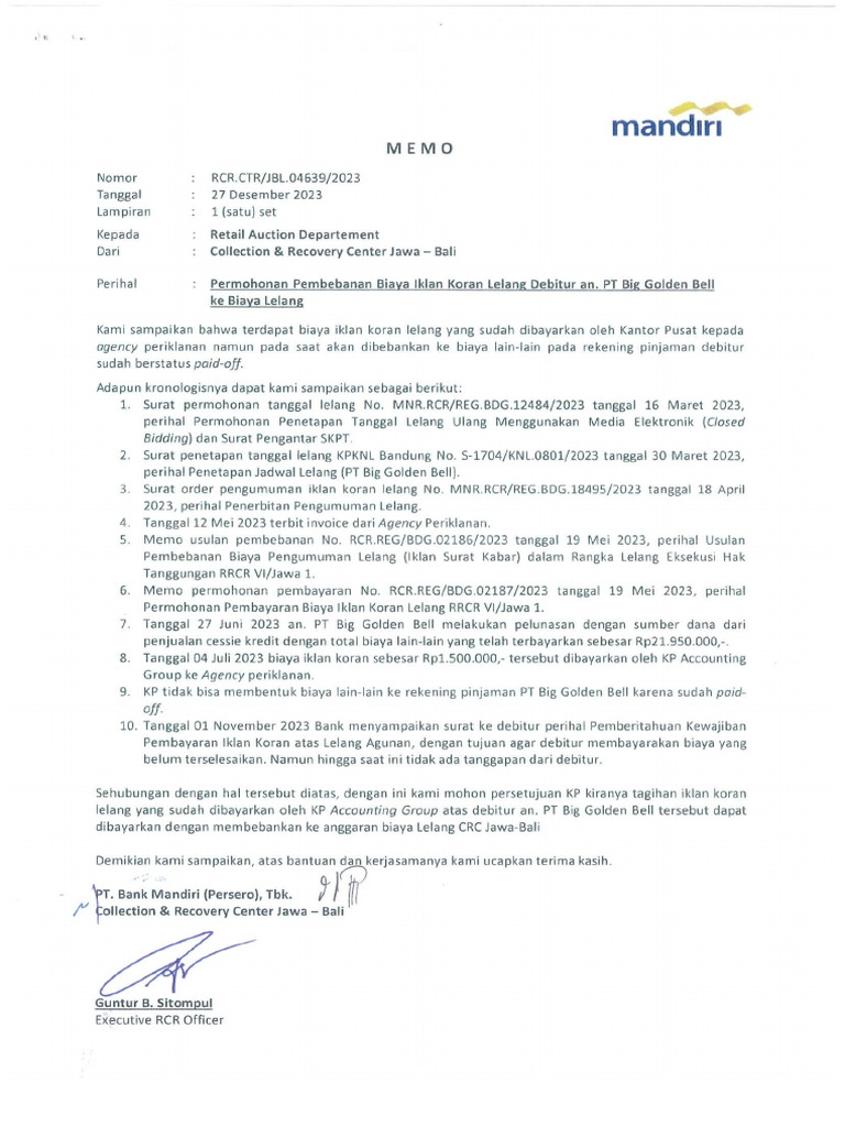 Permohonan Biaya Iklan Koran Debitur Paidoff Menjadi Beban Bank | PDF