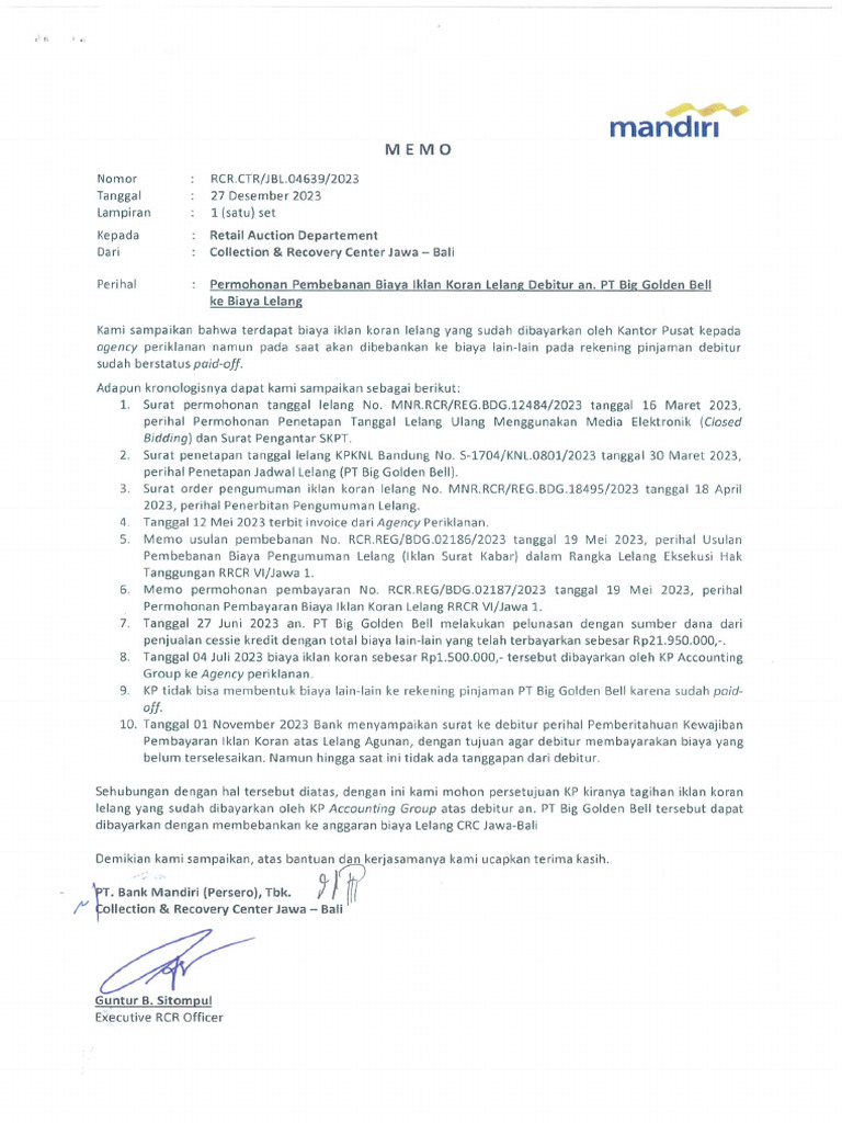 Permohonan Biaya Iklan Koran Debitur Paidoff Menjadi Beban Bank | PDF