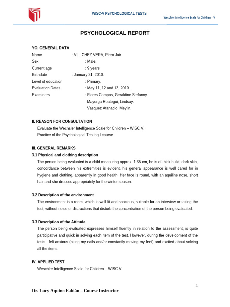 WISC-V Child Assessment Report | PDF | Cognition | Intelligence