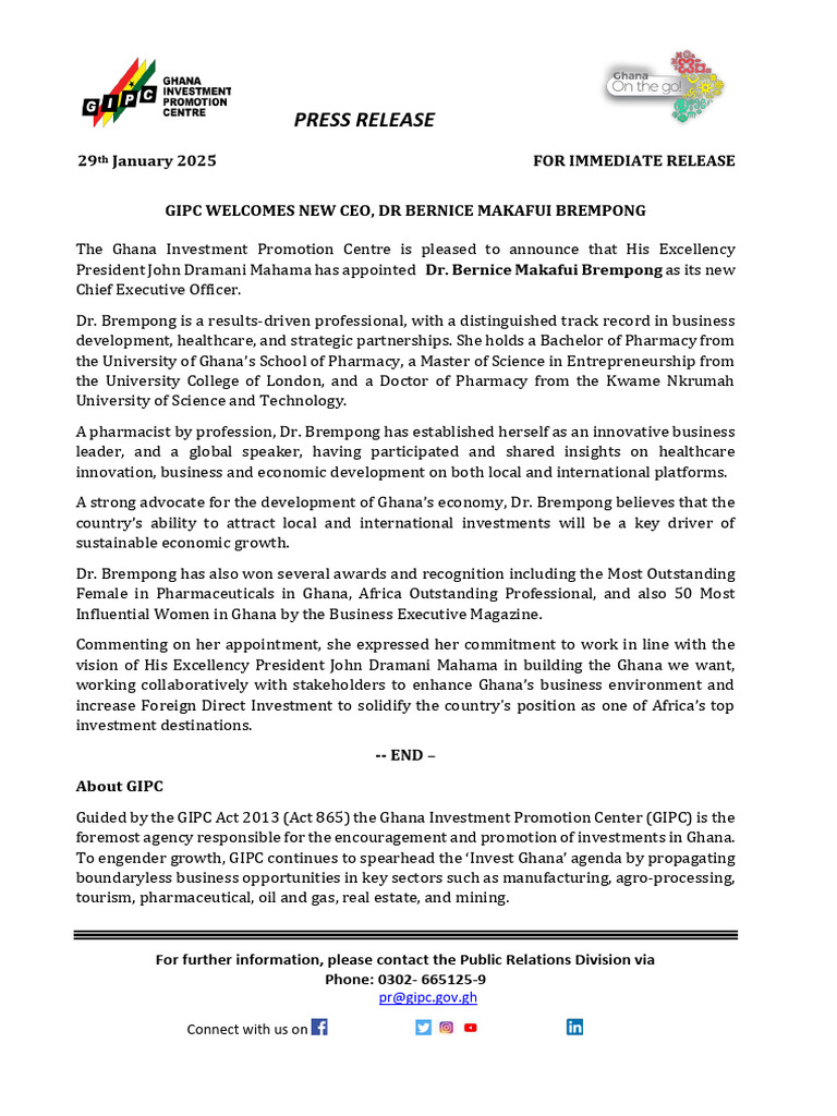 Gipc Welcomes New Ceo Press Release Ed. | PDF | Ghana | Economies