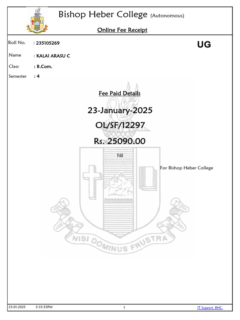 Bishop Heber College: 23-January-2025 OL/SF/12297 Rs. 25090.00 | PDF