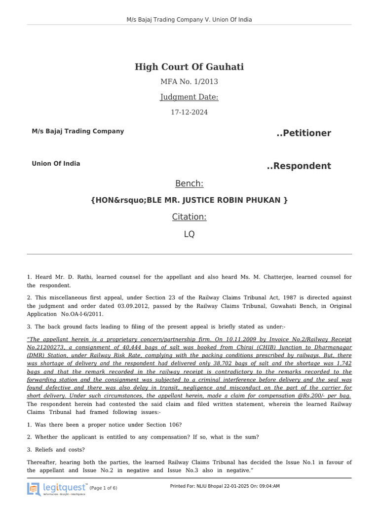 Bajaj Trading vs. Union of India: Salt Delivery Dispute | PDF ...