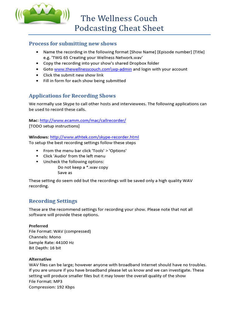 TWC Podcasting Cheat Sheet v1 | PDF | Podcast | Digital Technology