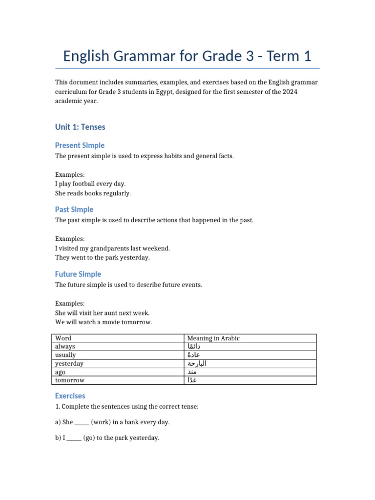 Grade 3 English Grammar Guide | PDF | English Grammar | Grammatical Tense
