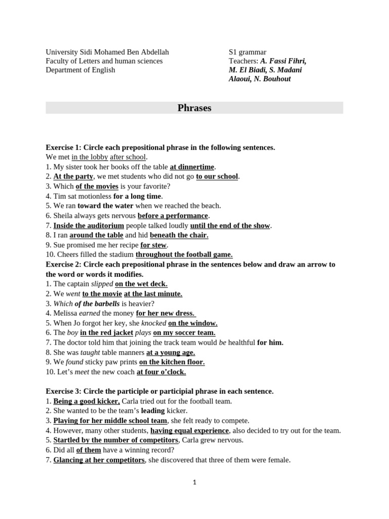10.1 - Phrases Exercises & Answer Key | PDF | Grammar | Syntax
