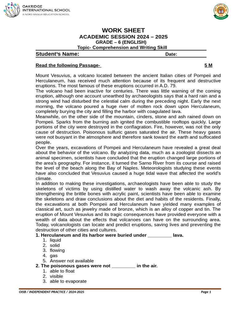 Comprehension and Writing Skill | PDF | Volcano | Mount Vesuvius