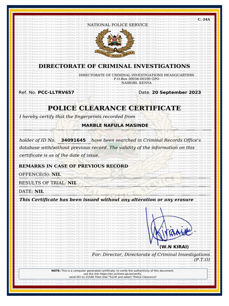 Police Clearance Certificate - Kenya | PDF