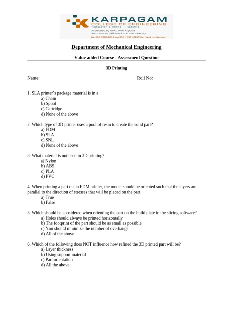 3D Printing Course Assessment | PDF | 3 D Printing | Printing
