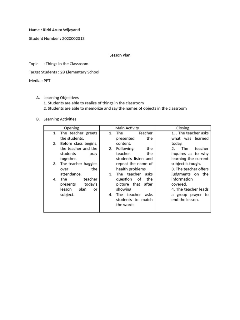 Classroom Objects Lesson Plan | PDF