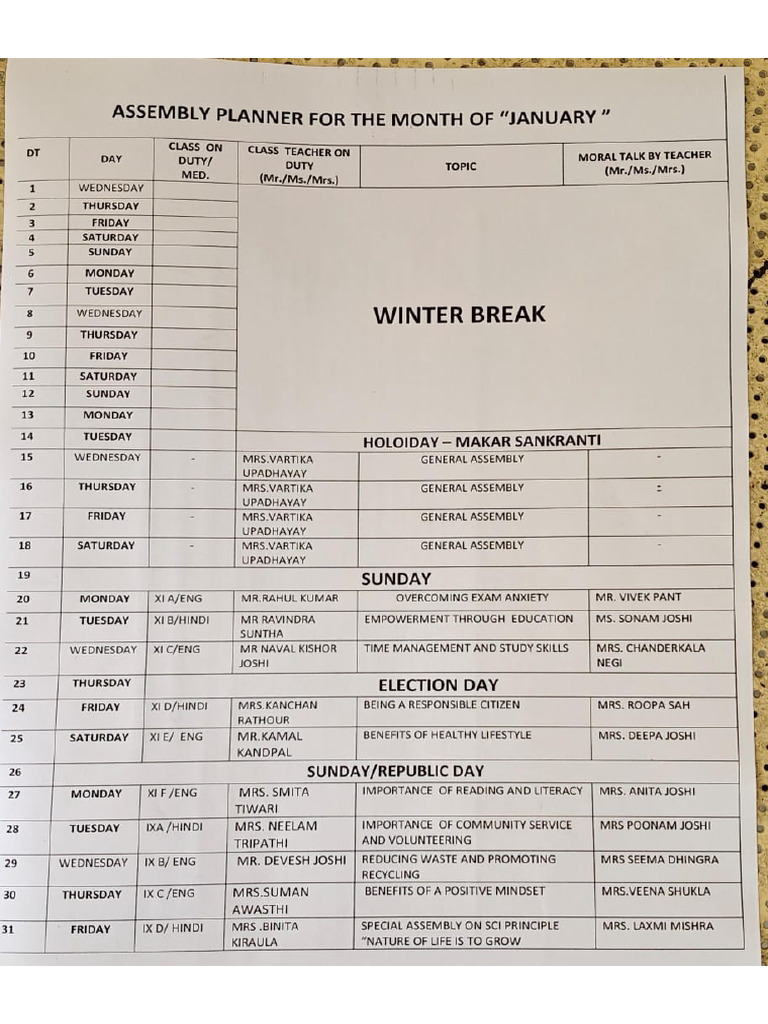 Activity & Assembly Planner January | PDF