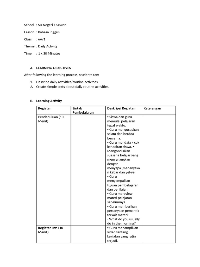 Lesson Plan 6A - Daily Activity | PDF