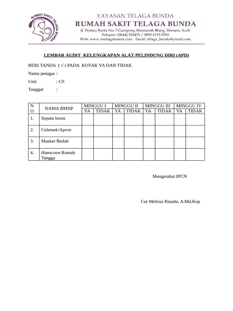 LEMBAR AUDIT KELENGKAPAN ALAT PELINDUNG DIRI (cs,gizi) | PDF