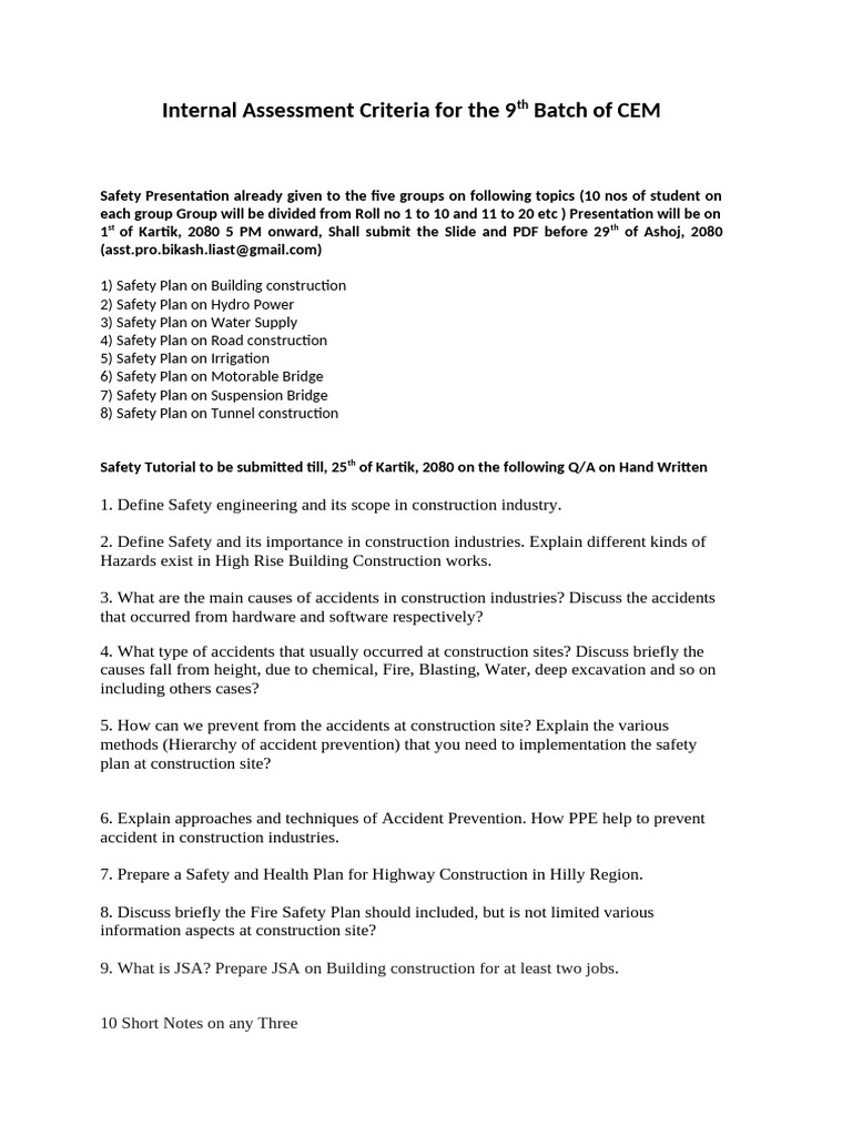 Safety Plans and Assessments for CEM 9th Batch | PDF