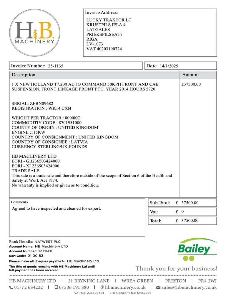 Invoice New Holland T7.200 | PDF