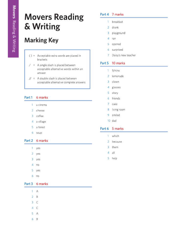 Movers Reading and Writing Key | PDF
