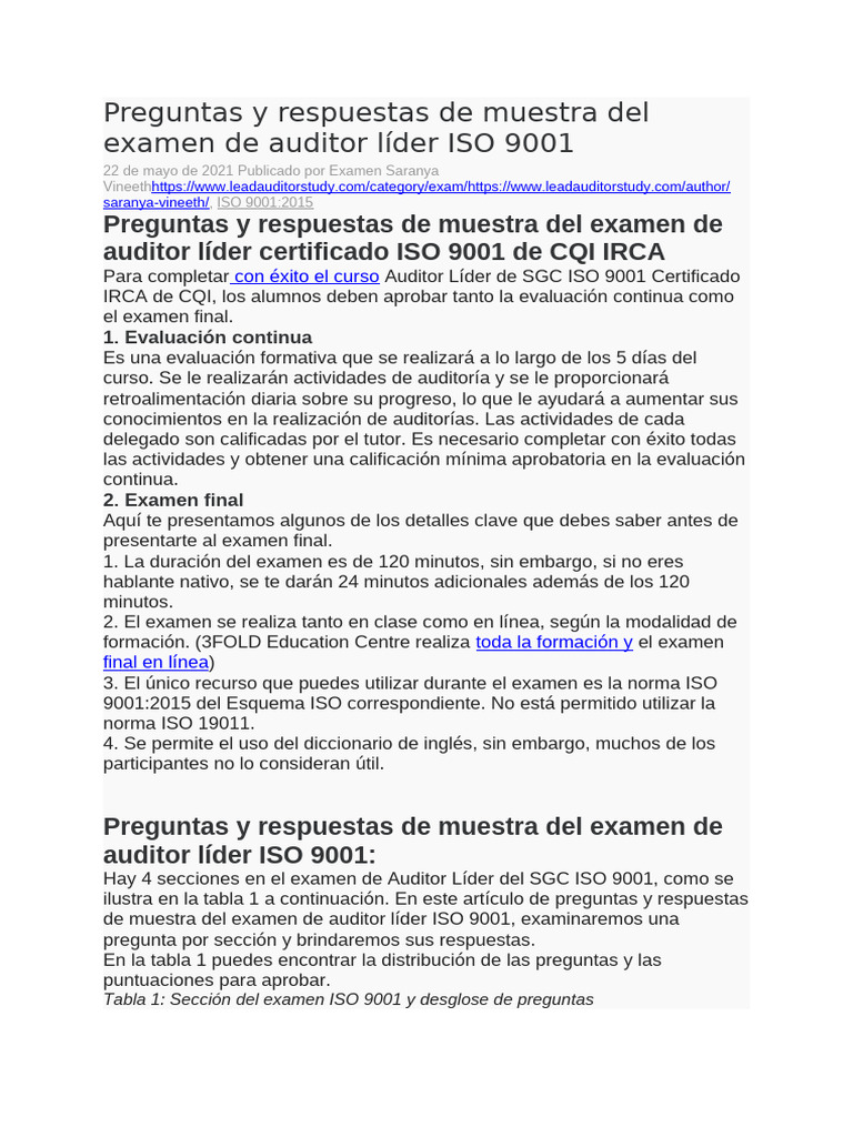 Preguntas ISO 9001 Auditor Líder | PDF | Calidad (comercial) | Auditoría