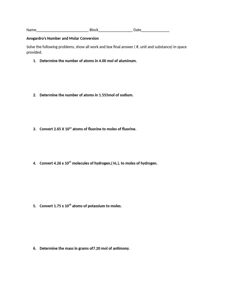 Avogadro%27s+%23+and+Mole+Conversion+WS | PDF