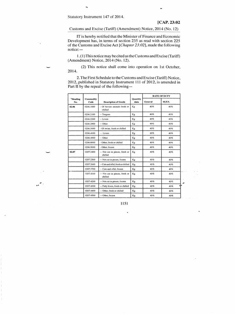 SI 2014-147 - Customs and Excise (Tariff) (Amendment) Notice, 2014 (No ...