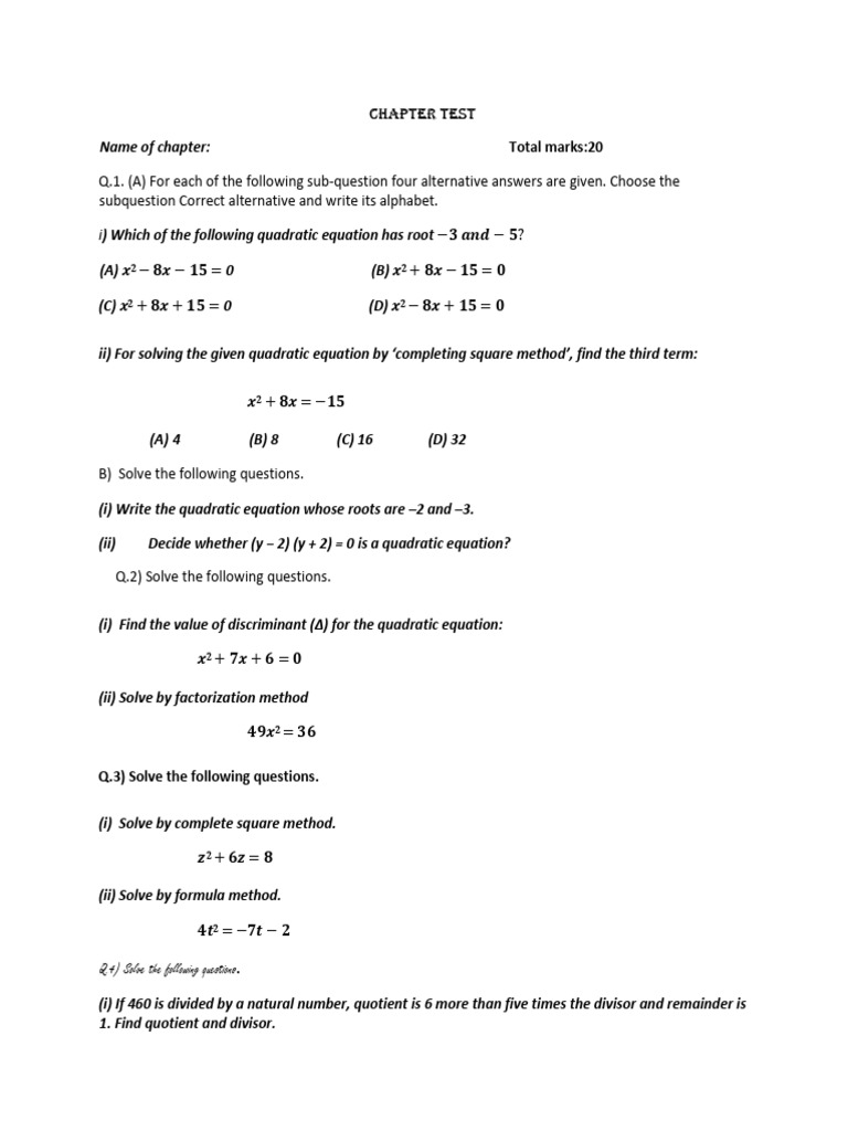 Quadratic Equations Chapter Test | PDF