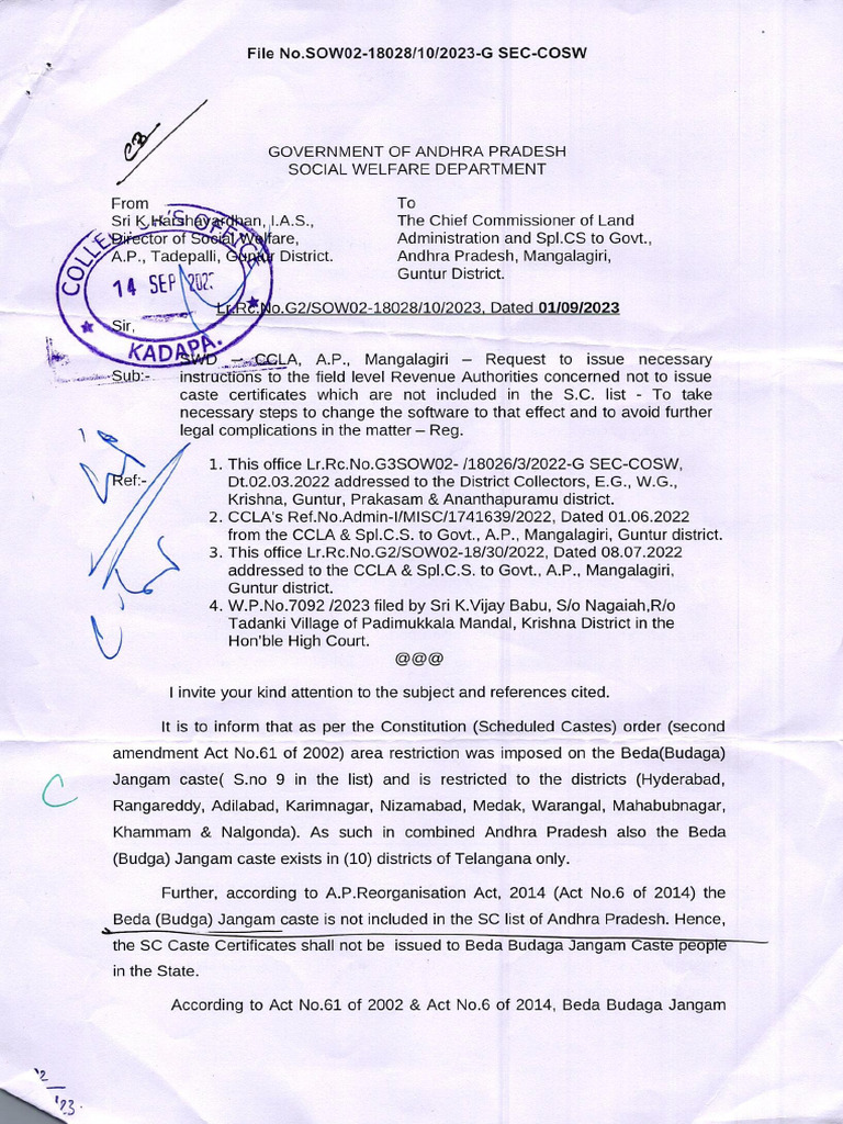 SW-Memo Sc Caste Beda Budaga | PDF