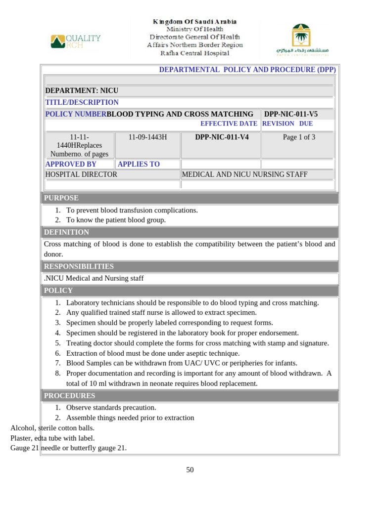 NICU Blood Typing & Cross Matching Policy | PDF | Neonatal Intensive ...