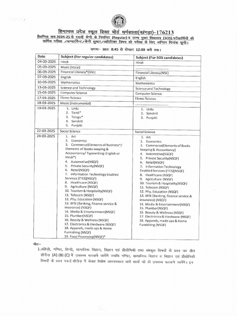 Date Sheet 10th Class Hpbose | PDF