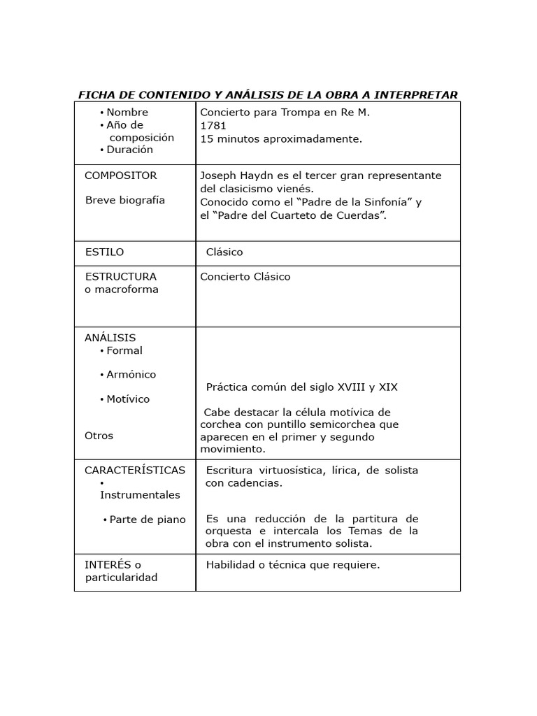 FICHA de Contenido y Análisis de La OBRA a INTERPRETAR | PDF